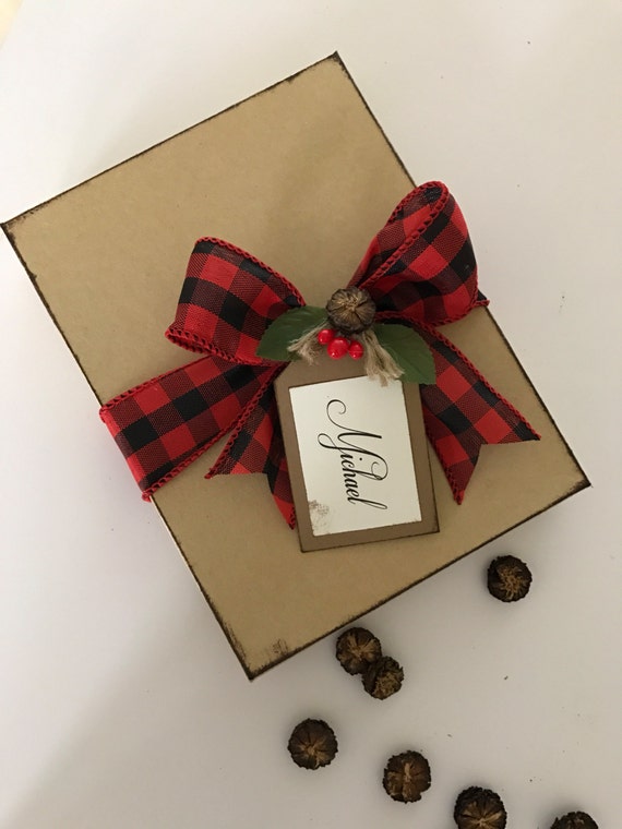 Personalized Christmas Gift Box With Buffalo Plaid Ribbon and - Etsy