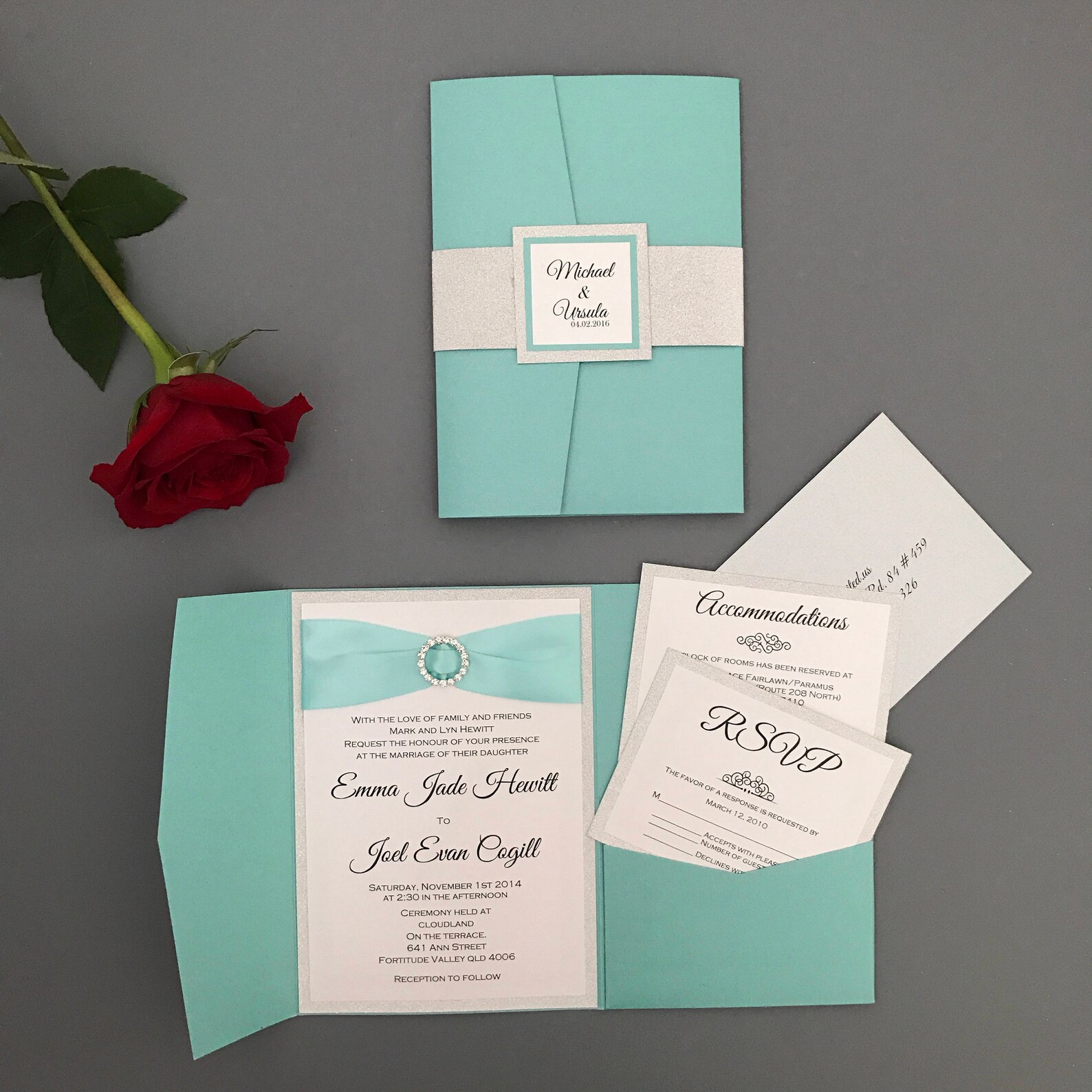 Elegant Turquoise Wedding Invitation Set With Satin Ribbon and - Etsy