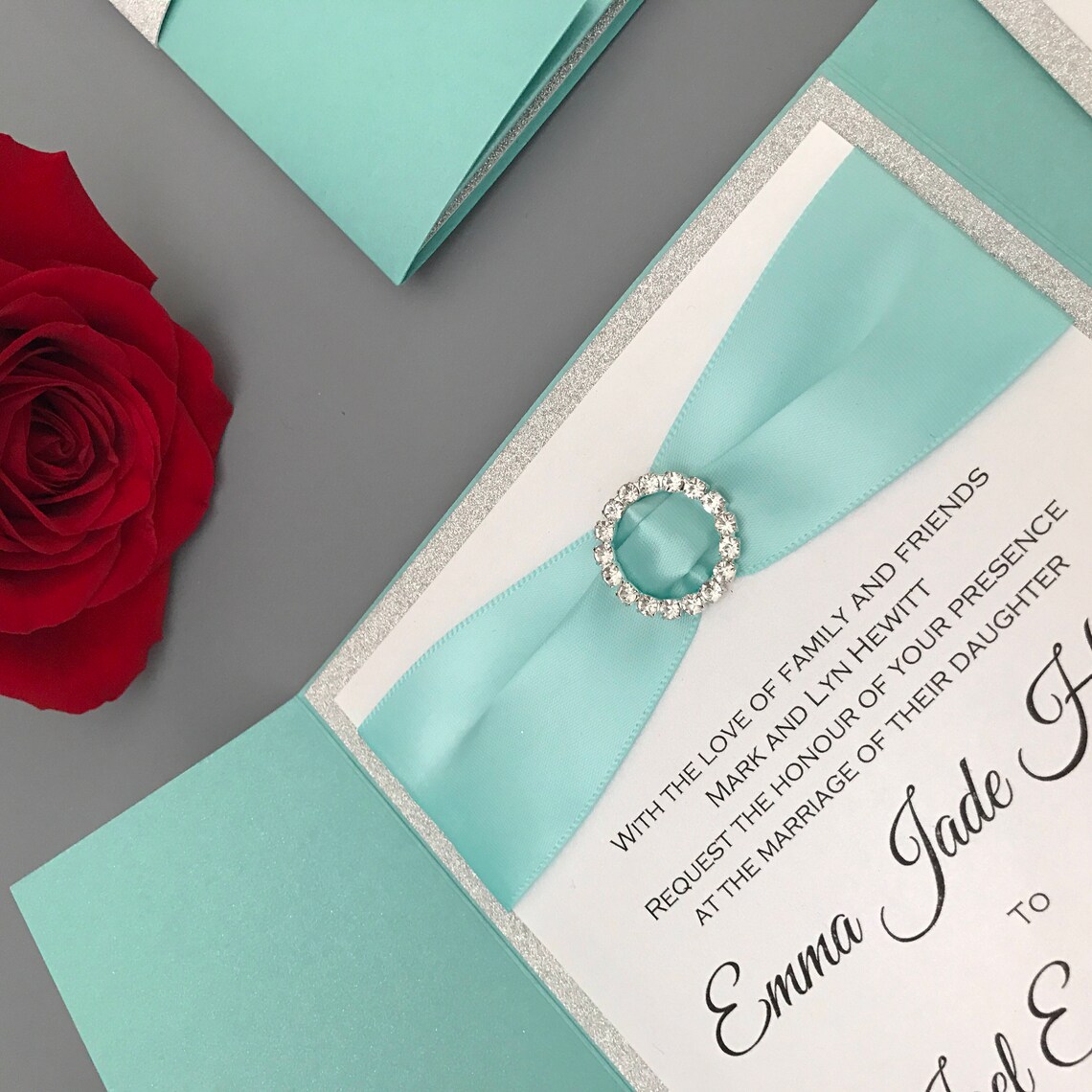 Elegant Turquoise Wedding Invitation Set With Satin Ribbon and - Etsy