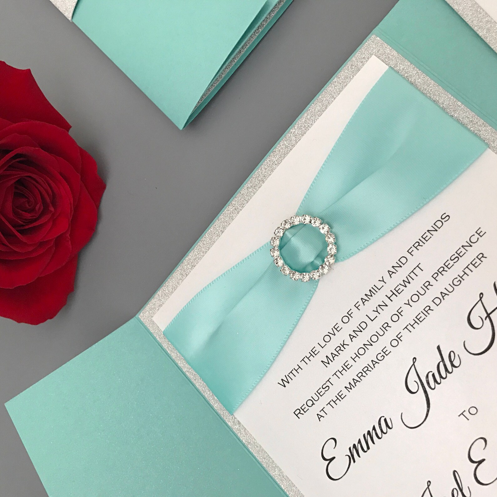 Elegant Turquoise Wedding Invitation Set With Satin Ribbon and | Etsy