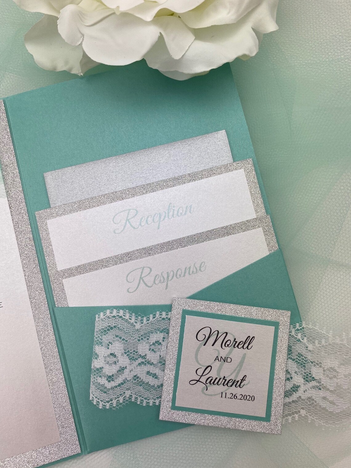 Lace Turquoise & Silver Wedding Invitation Boho Personalized - Etsy