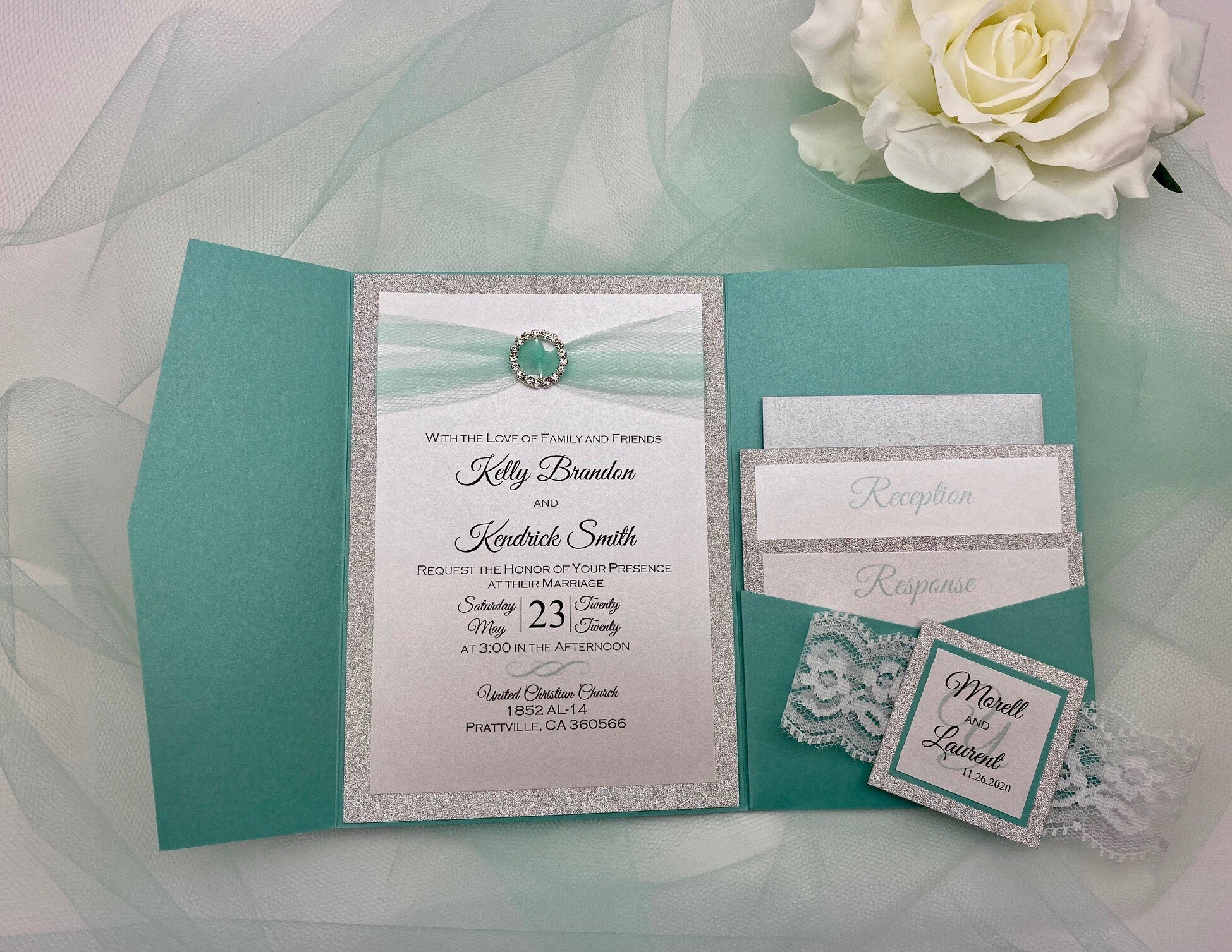 Lace Turquoise & Silver Wedding Invitation Boho Personalized | Etsy