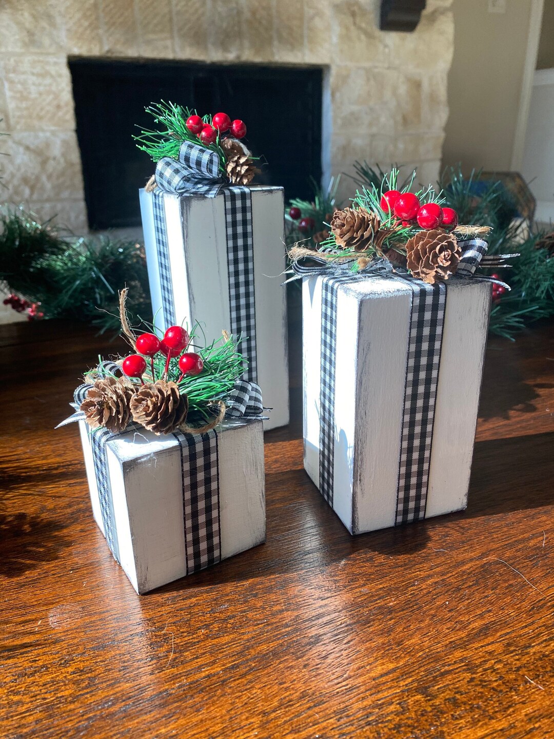 Wooden Christmas Present Set, Buffalo Check Ribbon Decor - Etsy
