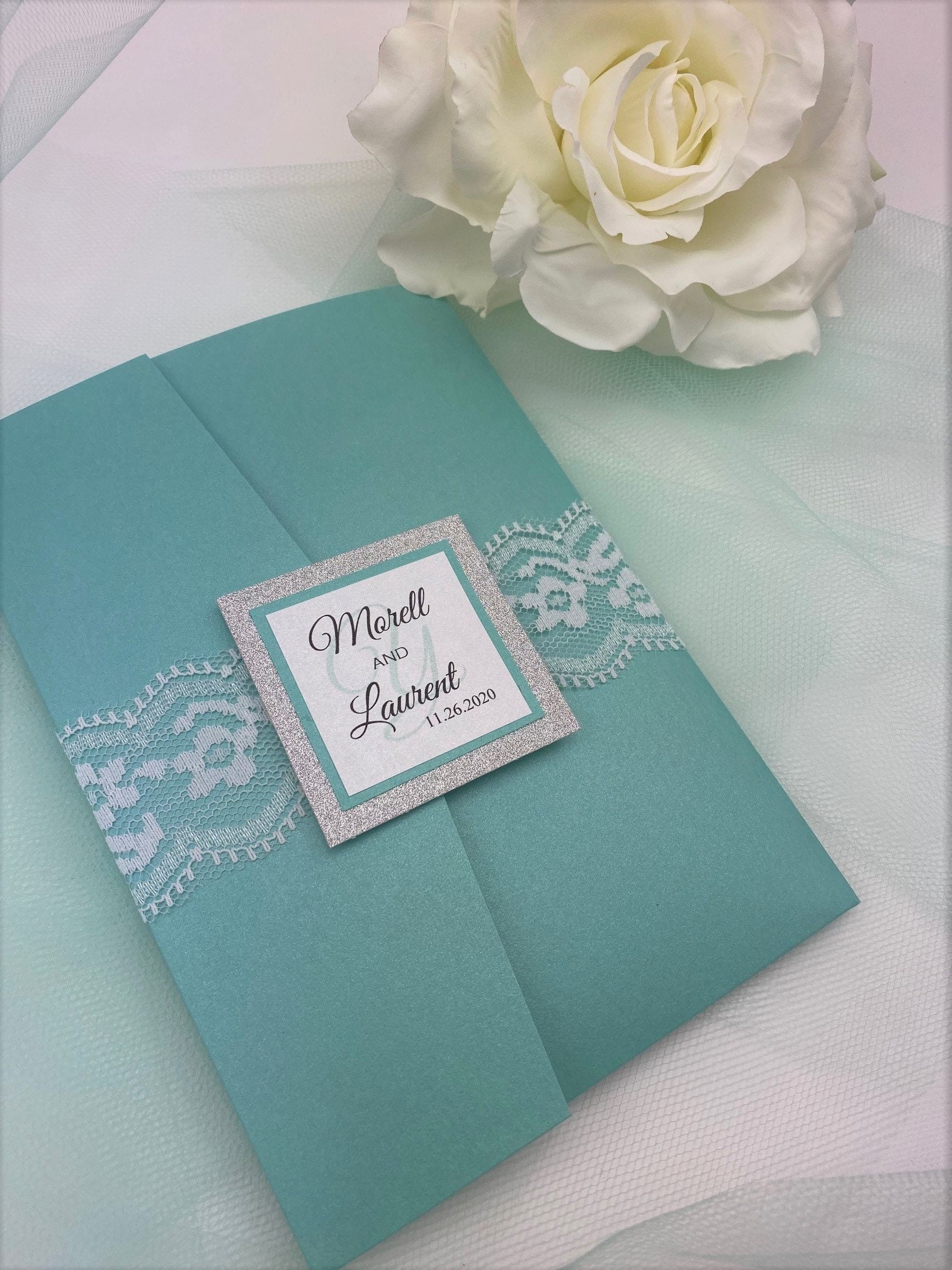 Lace Turquoise & Silver Wedding Invitation Boho Personalized | Etsy