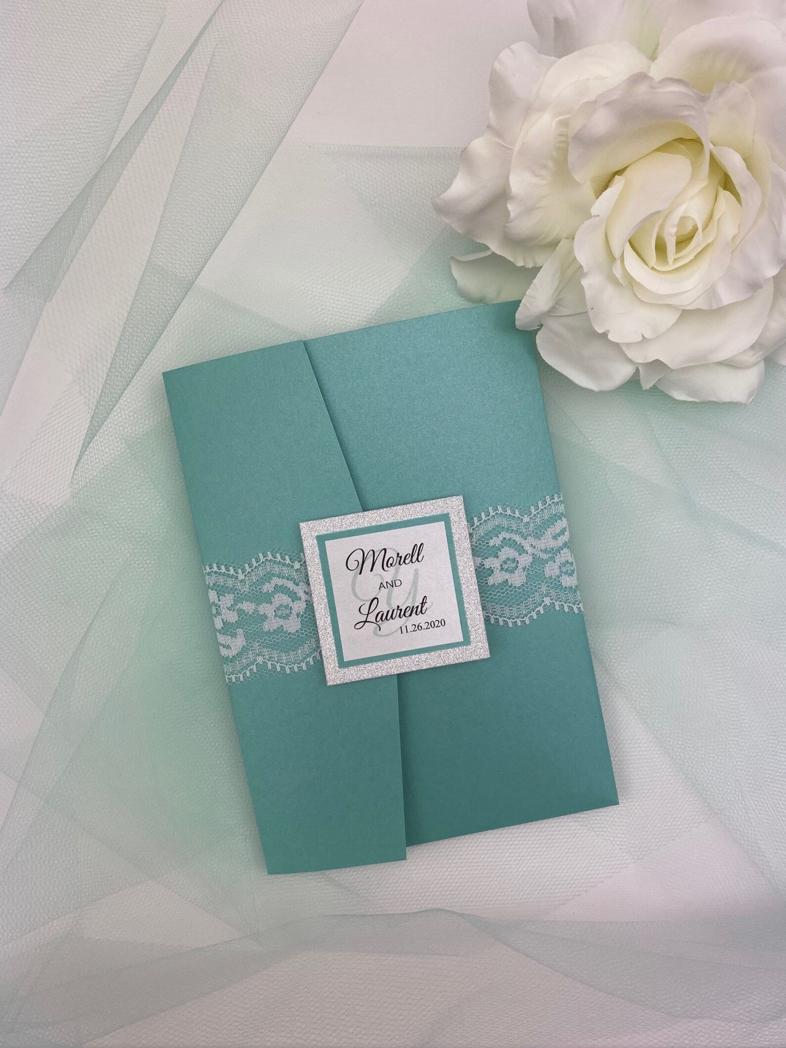 Lace Turquoise & Silver Wedding Invitation Boho Personalized | Etsy