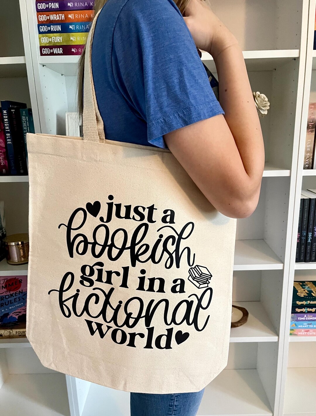 Just A Bookish Girl in A Fictional World Tote Bag, Canvas Tote Bag ...