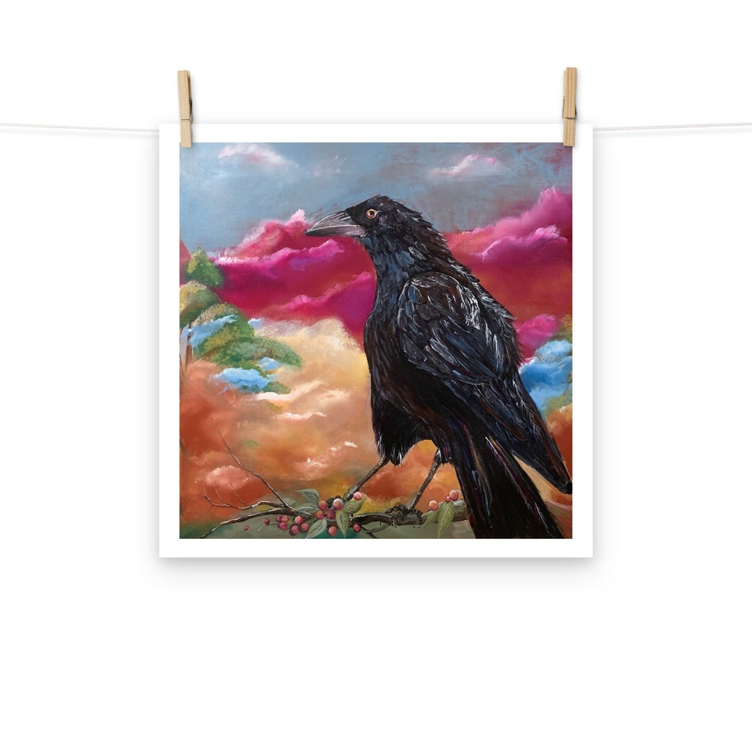 Crow With Vivid, Colorful Background Sky Art Print Painting on Paper ...