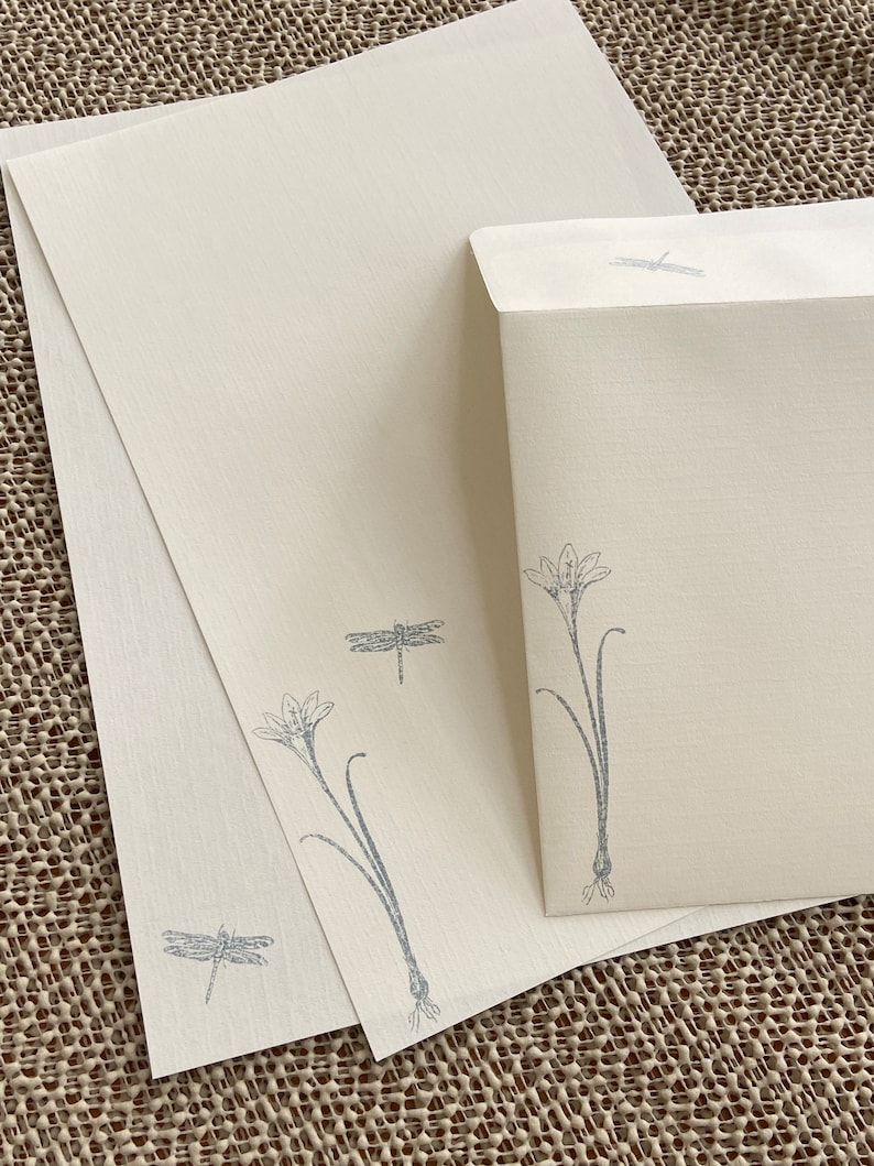 Handmade Stationery Set, Writing Paper With a Blue Lily and Dragonfly ...