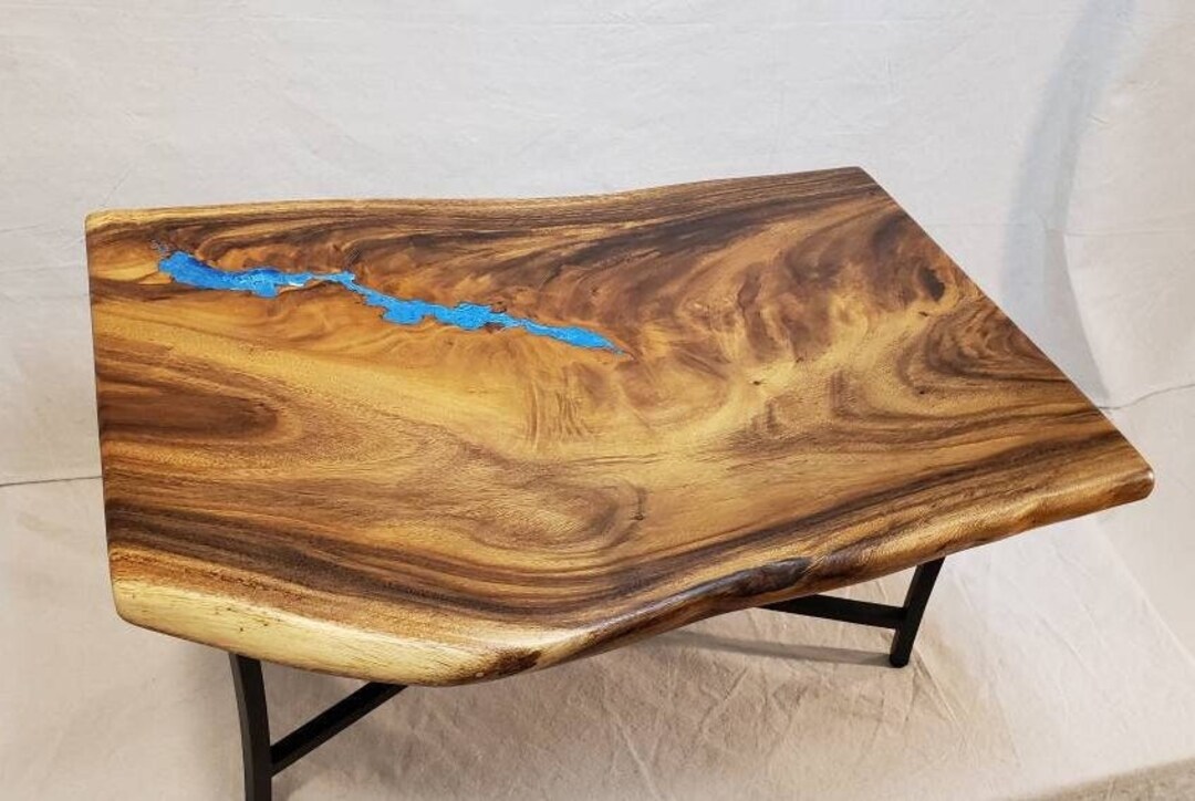 Live Edge Monkey Pod Coffee Table With Deep Walnut Coloration and Blue ...