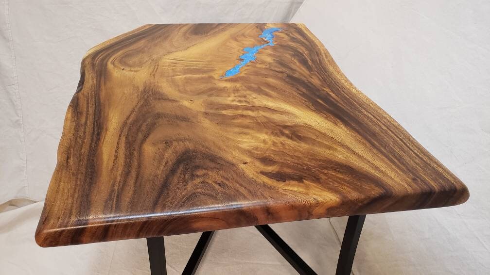 Live Edge Monkey Pod Coffee Table With Deep Walnut Coloration and Blue ...