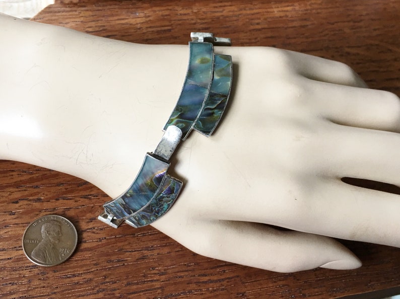 Vintage Mexican Sterling Silver Abalone shell inlay Bracelet | Etsy