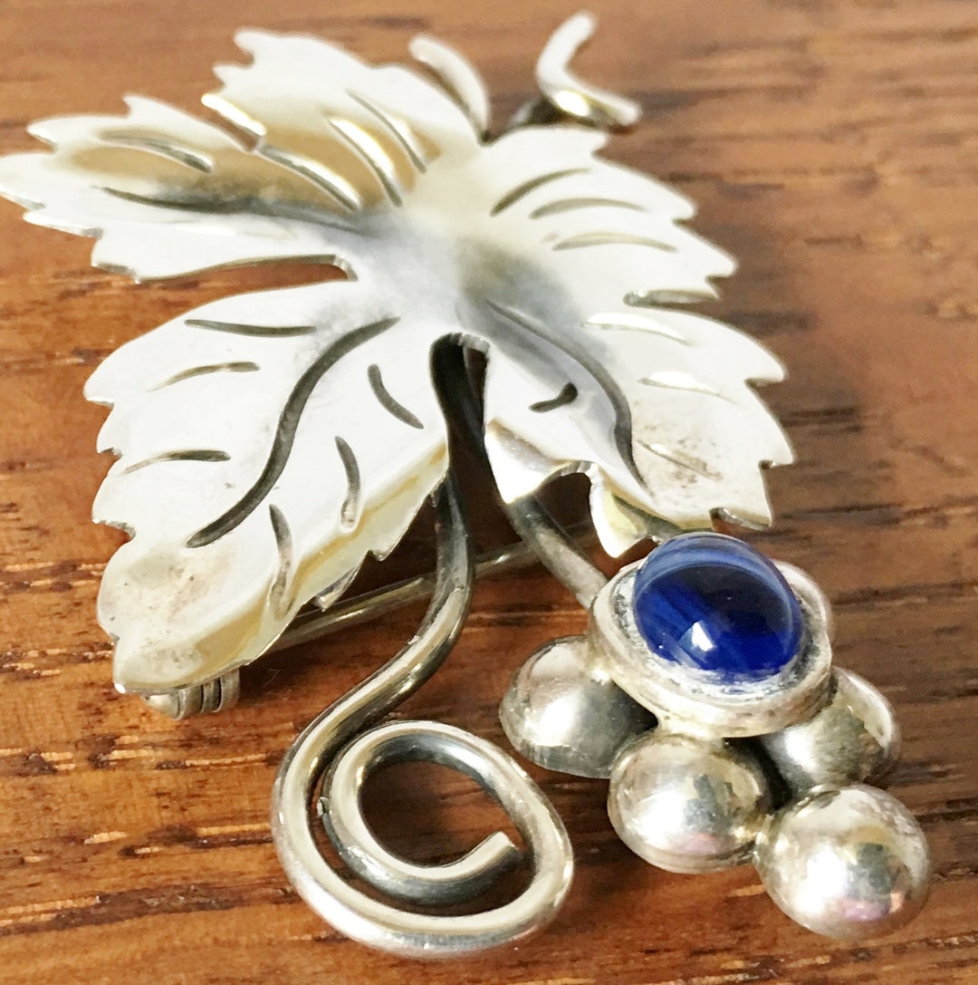 Vintage Sterling Silver Brooch Pin Blue Stone Leaf Mexico 12.7 Grams - Etsy