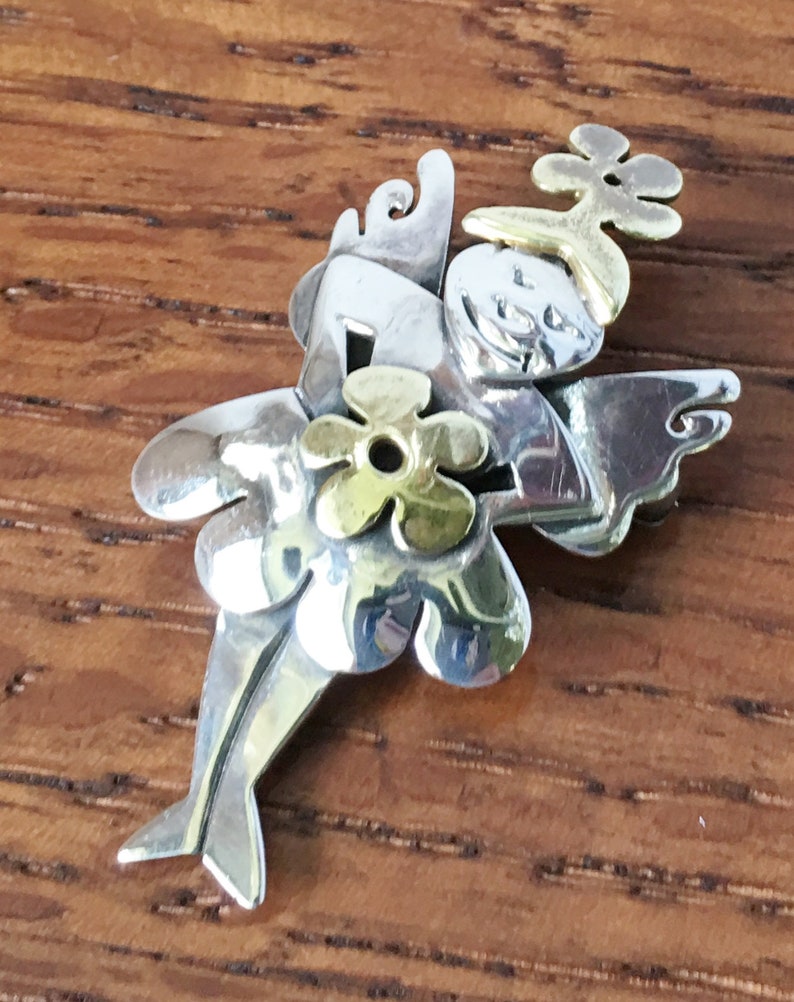 Far Fetched Vintage Sterling and Brass Brooch Pin 925 Flower Fairy ...