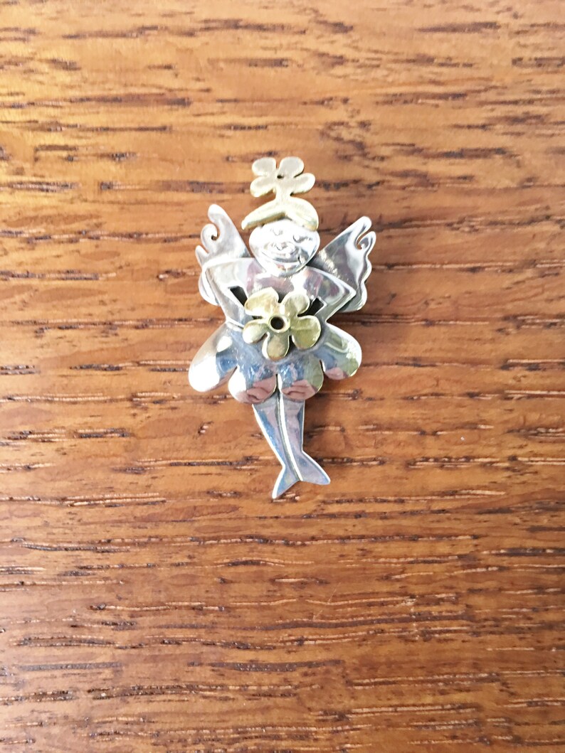 Far Fetched Vintage Sterling and Brass Brooch Pin 925 Flower Fairy ...