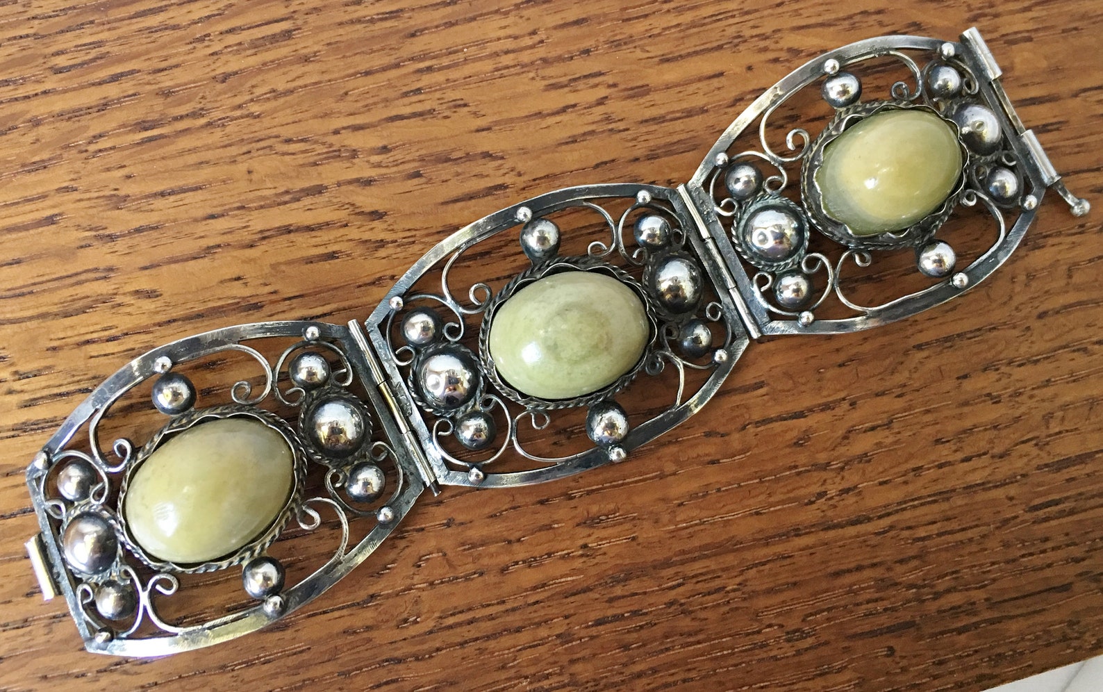 Vintage Mexican Sterling Silver Green Calcite Stone Bracelet 3 Panel ...