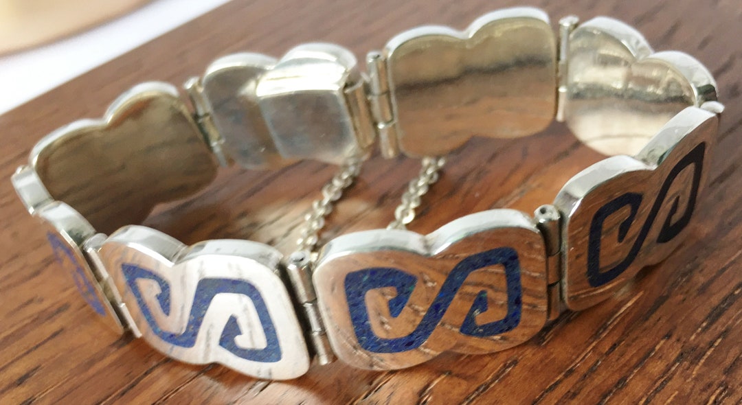 Vintage Sterling Silver Blue Stone Inlay Bracelet Heavy Chunky 925 ...