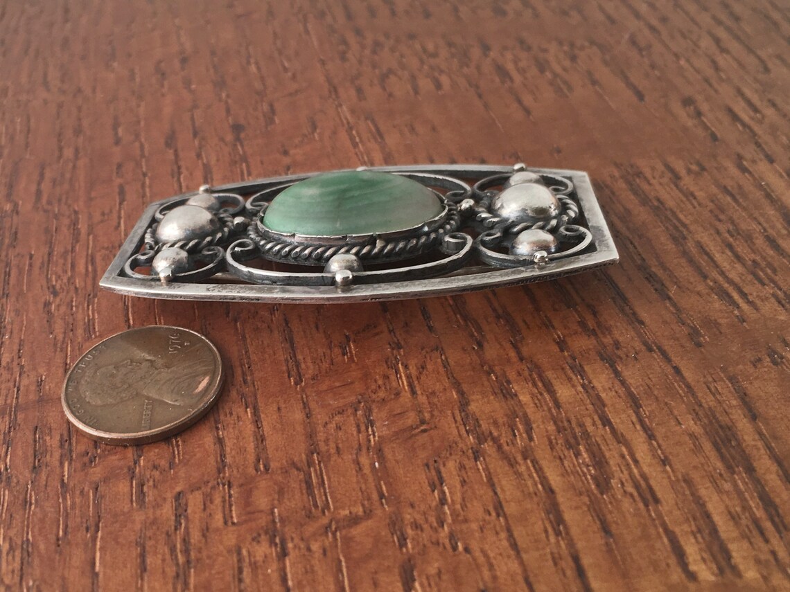 Vintage Sterling Silver Green Stone Pin Brooch C Clasp Made in Mexico ...