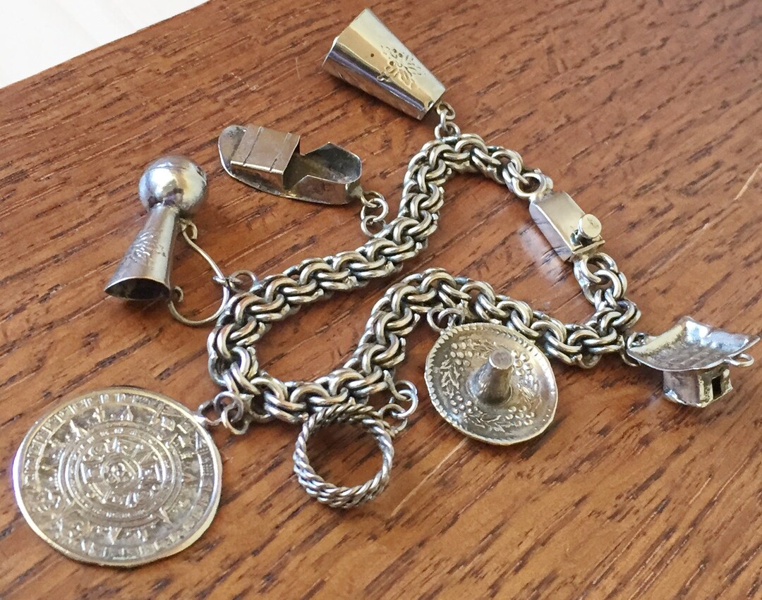 Vintage Sterling Silver 7 Charm Bracelet Mexico Chain Jewelry Mayan ...