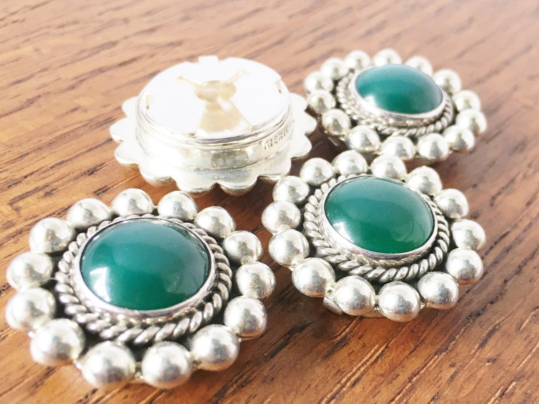 Vintage Sterling Silver Button Covers Green Stone 925 MEXICO TJ-78 44 ...