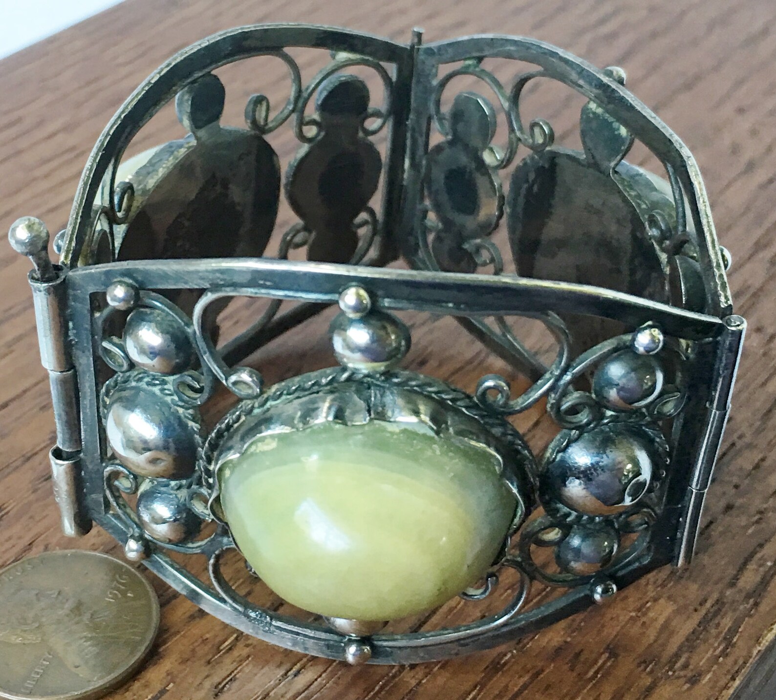 Vintage Mexican Sterling Silver Green Calcite Stone Bracelet 3 Panel ...