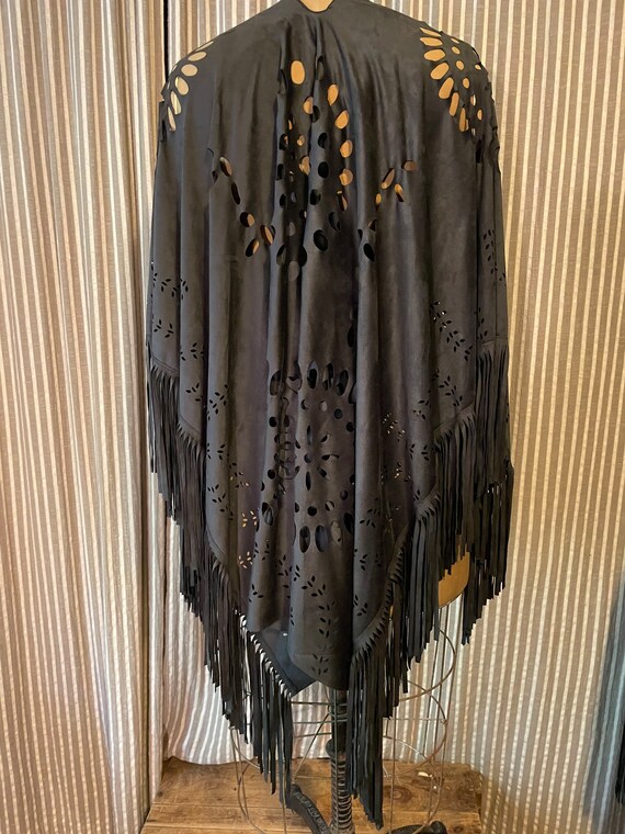 Vegan leather shawl with medallion cut outs and fring… - Gem