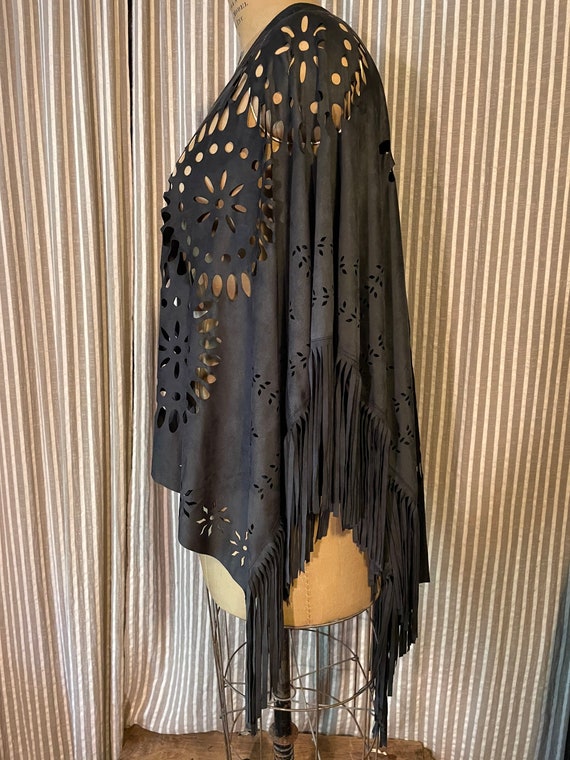 Vegan leather shawl with medallion cut outs and fring… - Gem