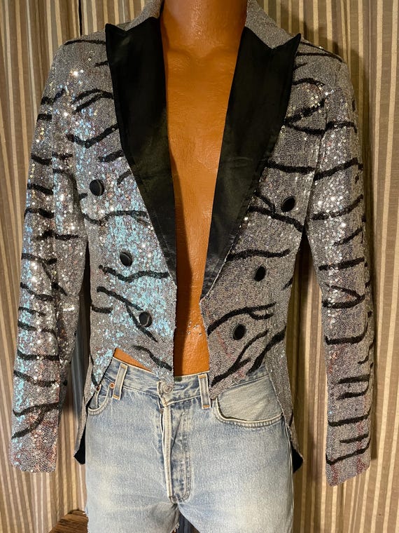 Silver sequin tuxedo costume jacketwith black tiger s… - Gem
