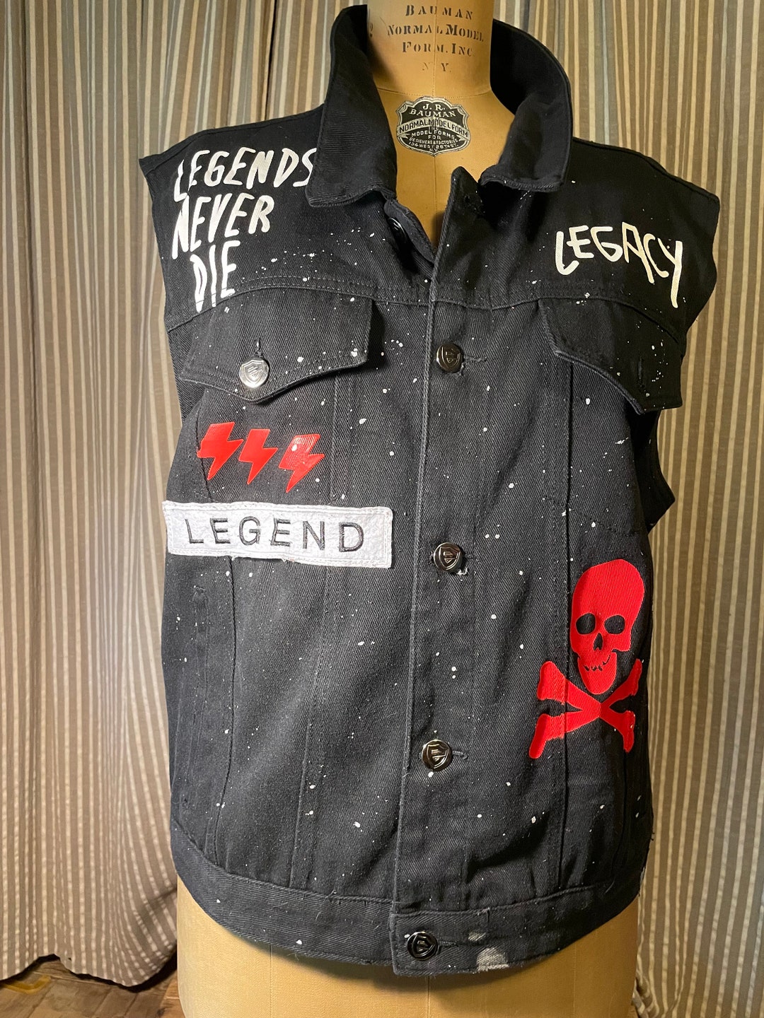 Black Denim Vest With Splatter Paint Red Skulls and Patched - Etsy