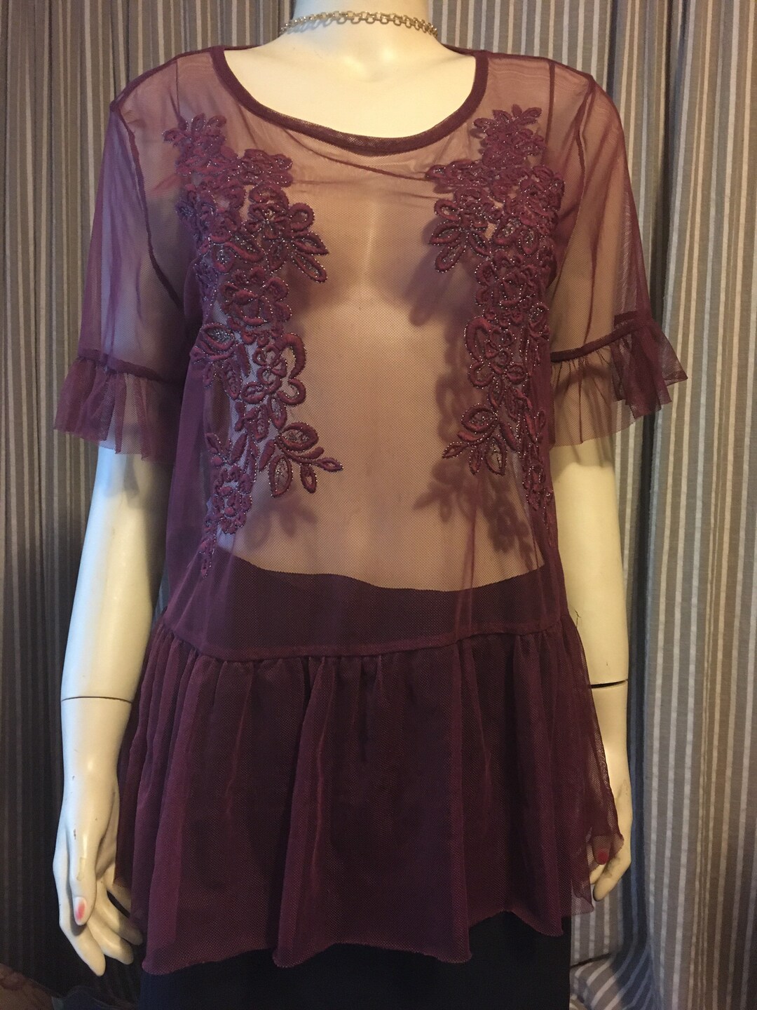 Burgundy Sheer Mesh Tunic With Ruffled Bottom and Sleeve - Etsy