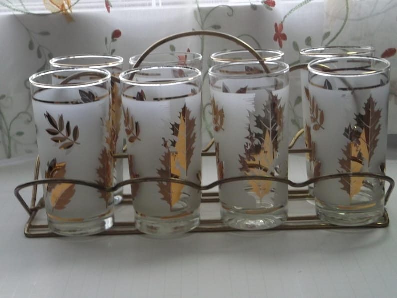 Vintage GOLDEN FOLIAGE Glasses W Metal Caddy/vintage Bar Ware/libby ...