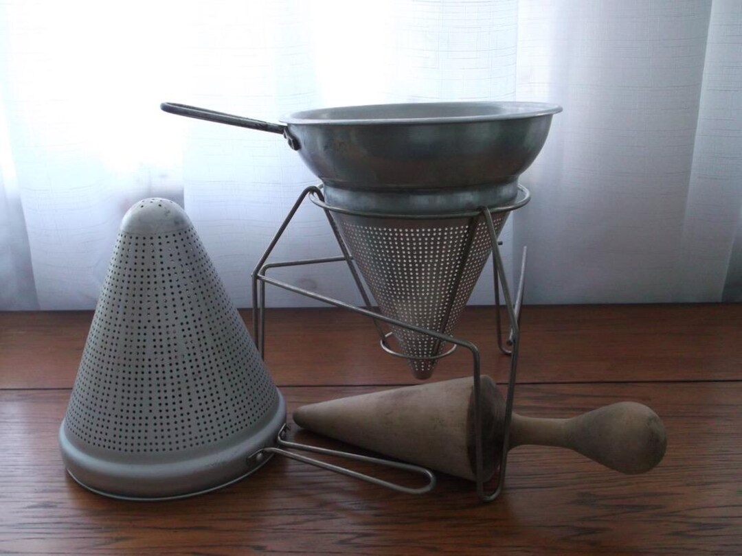 Vintage ALUMINUM FOOD MILLS W Wood Pestle/counter Top Colander/cone ...
