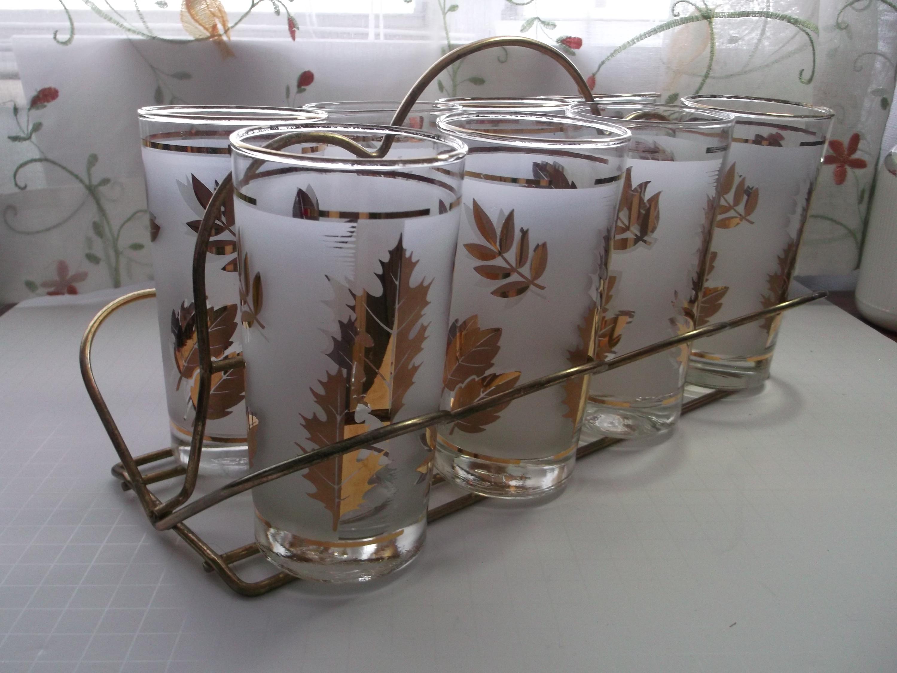 Vintage GOLDEN FOLIAGE Glasses W Metal Caddy/vintage Bar Ware/libby ...