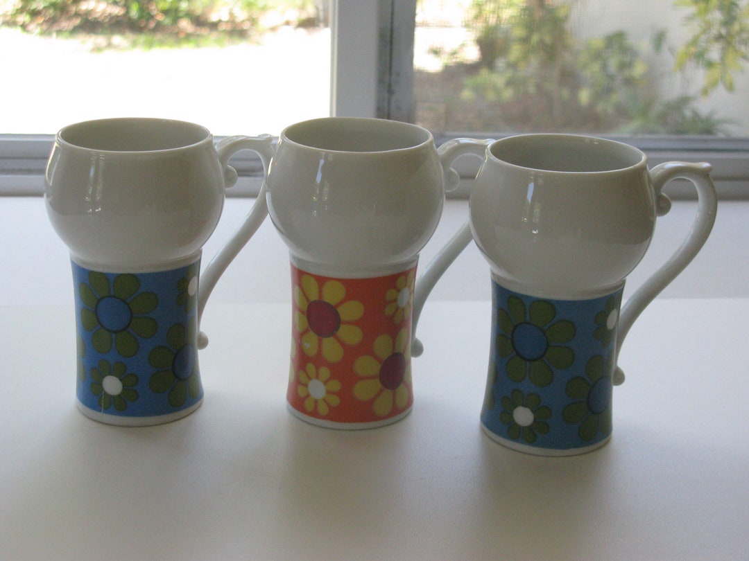 70s MOD FLOWER POWER Coffee/tea Cups/white Porcelain Mugs/mod Tableware ...