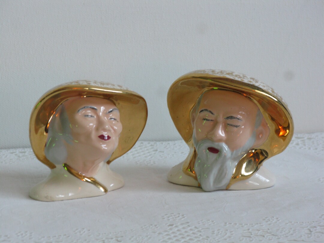 Vintage ORIENTAL HEAD Figurines/hand Painted Ceramic Head Figurines ...