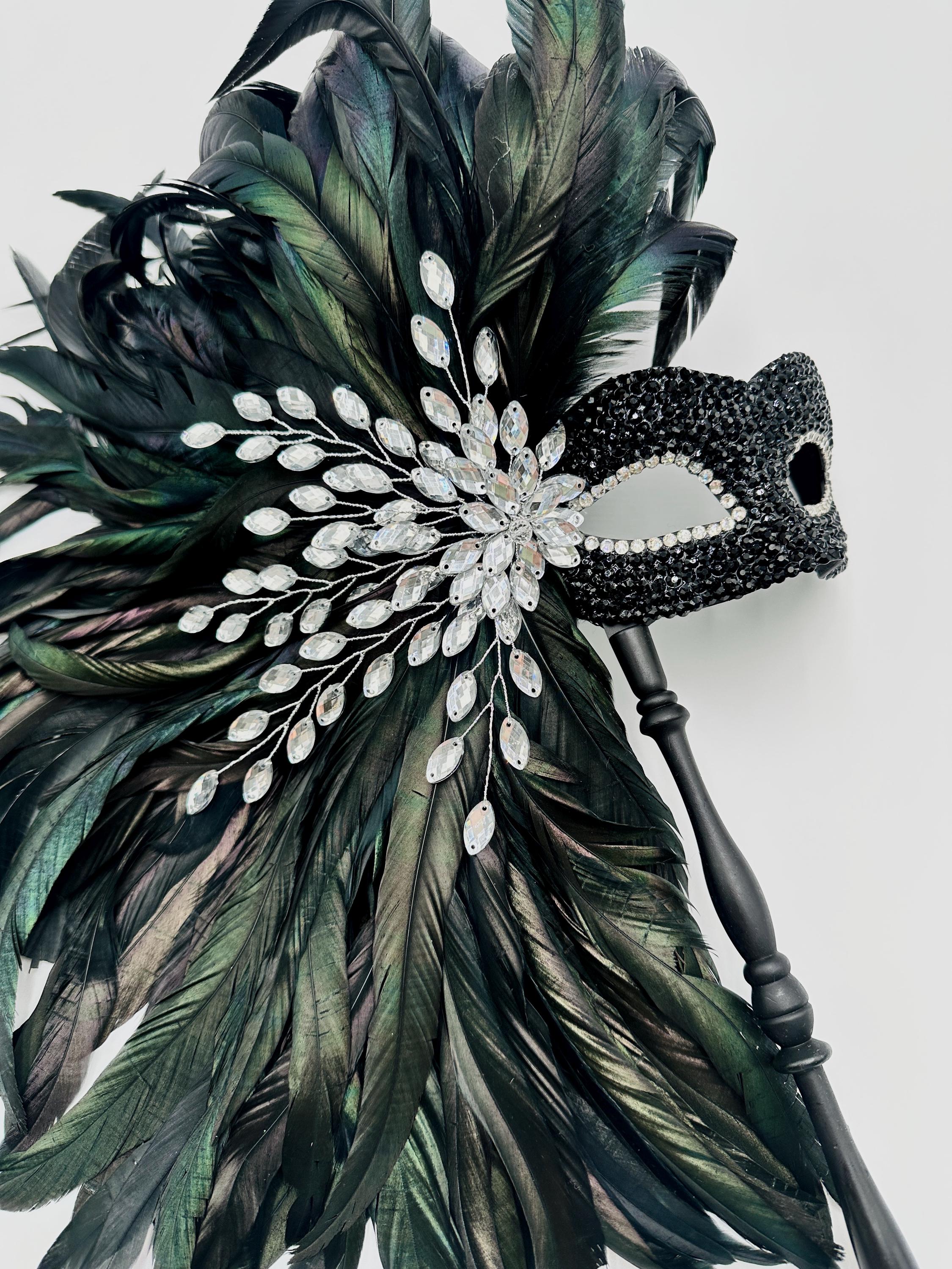 Raven's Reign Black Rooster Feather & Rhinestone Handled Masquerade ...
