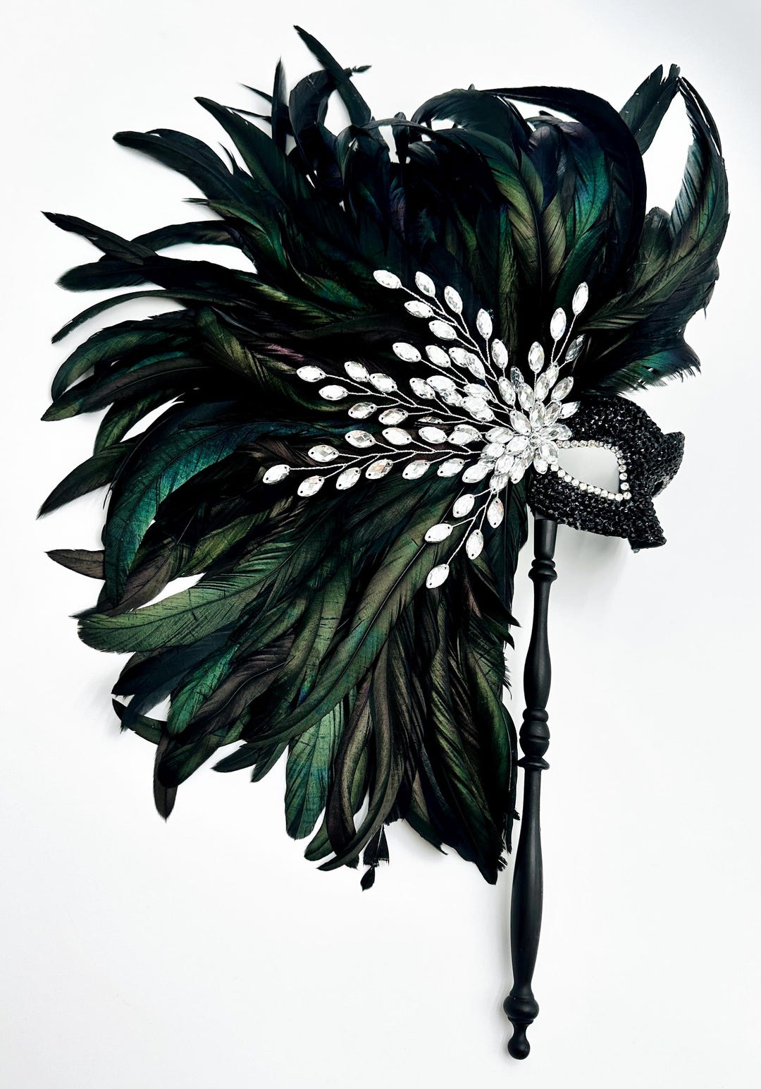Raven's Reign Black Rooster Feather & Rhinestone Handled Masquerade ...