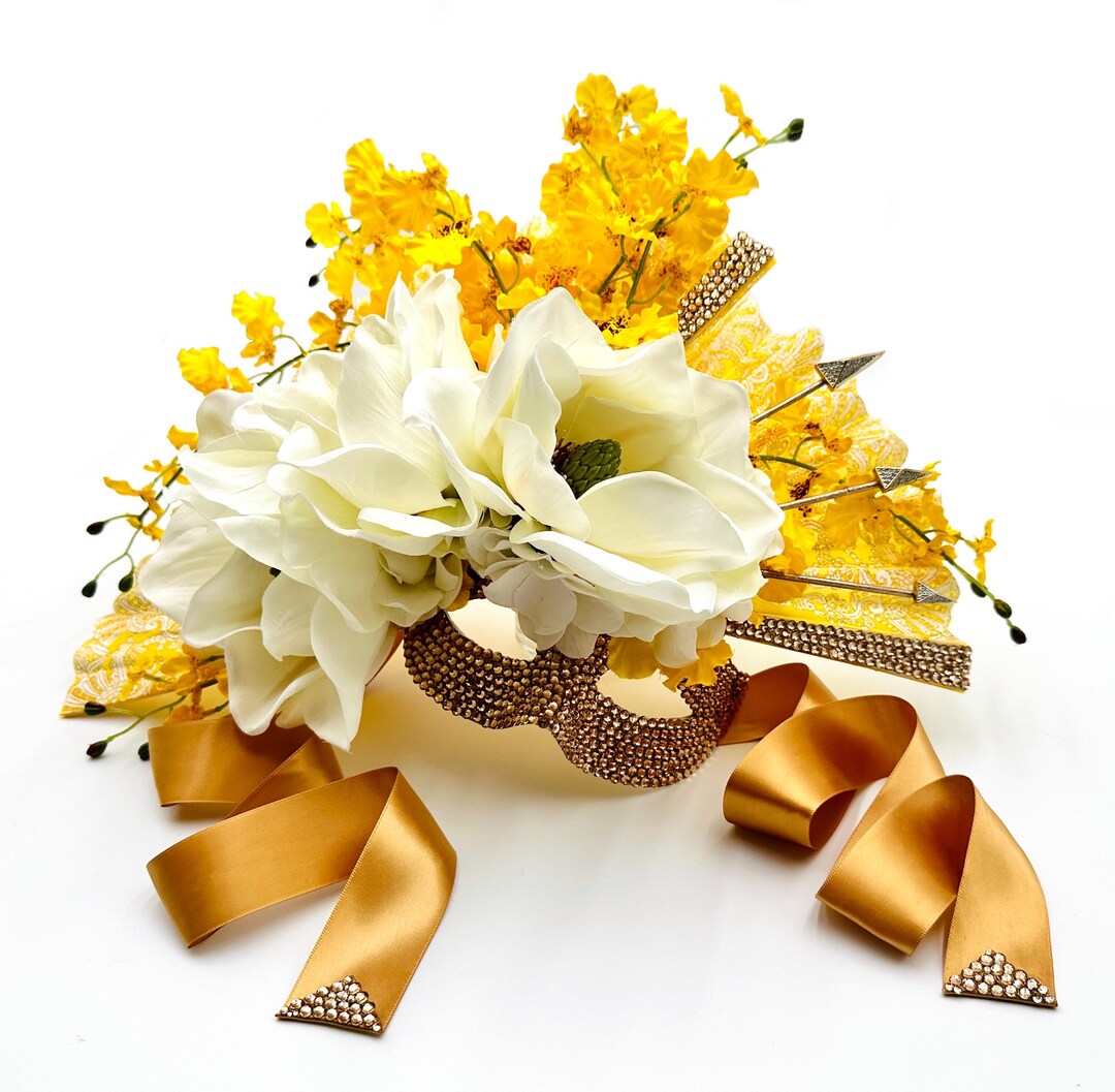 Golden Sunlight Yellow & Gold Floral Fan Rhinestoned Masquerade Mask - Etsy