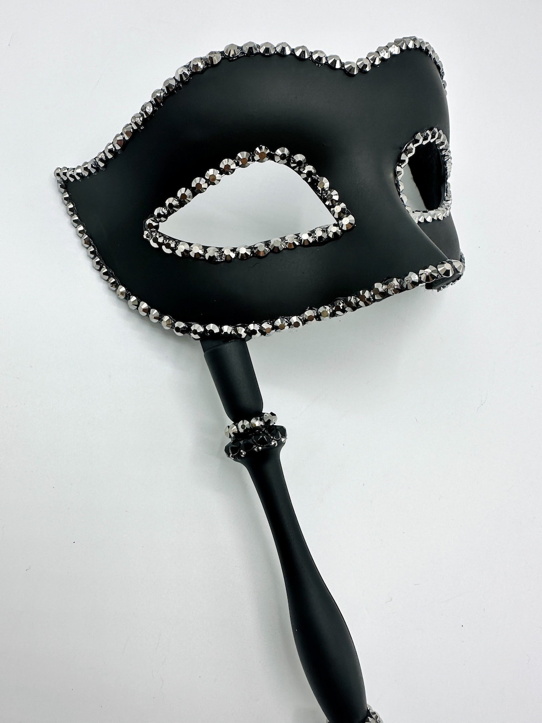 Smokey Stone Matte Black & Marcasite Crystals (handled) Masquerade Mask ...