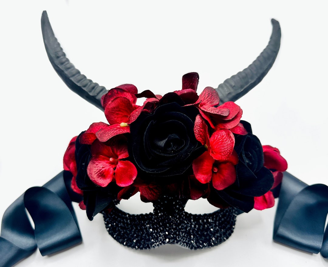 Devil's Bloom Floral Horned & Black Crystals Masquerade Mask - Etsy