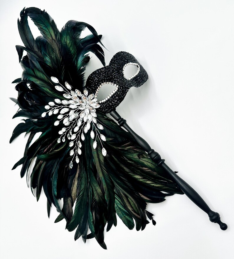 Raven's Reign Black Rooster Feather & Rhinestone Handled Masquerade ...