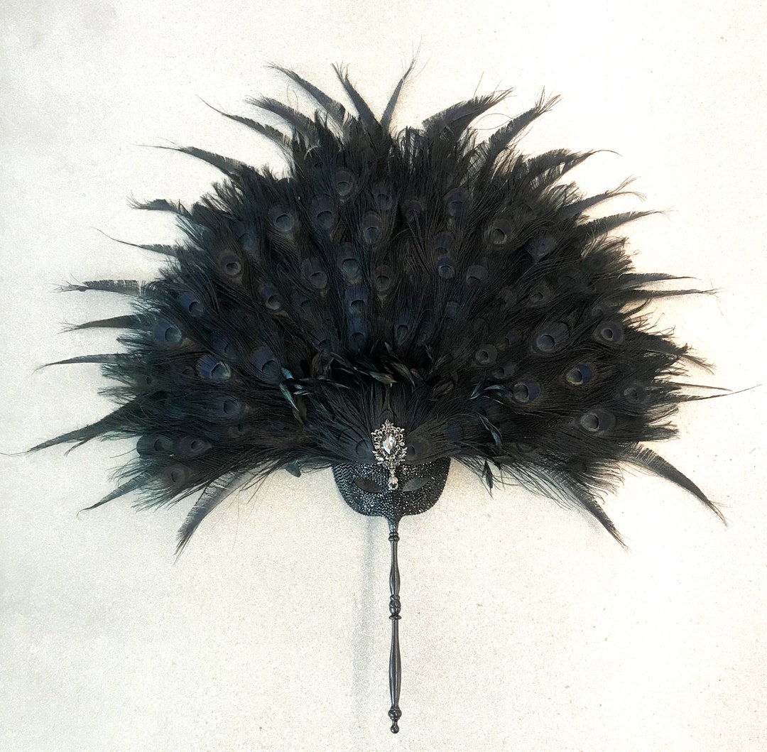 Obsidian Opulence Handled Peacock Feather & Rhinestone Masquerade Mask ...