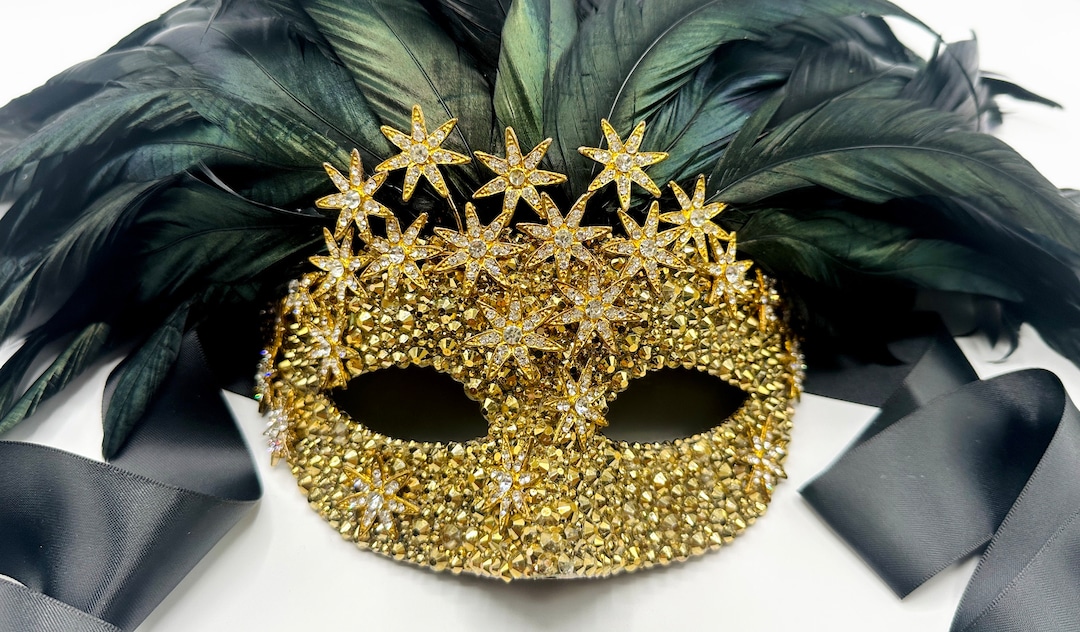 Golden Starlight Crystals & Black Rooster Feathers Masquerade Mask - Etsy