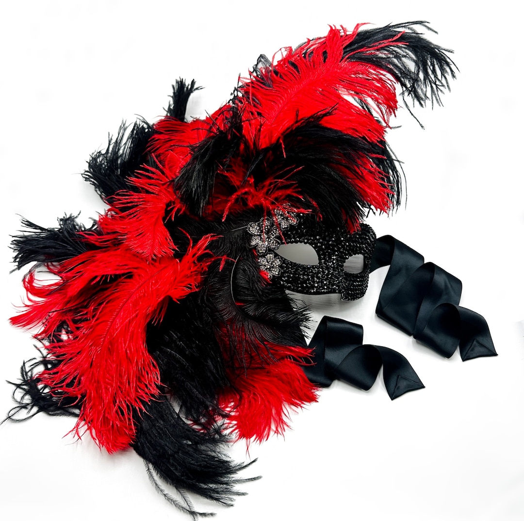 Sensational Salsa Red & Black Ostrich Feather Masquerade Mask - Etsy