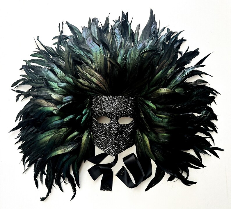 Raven's Throne Iridescent Black Rooster Feather & Rhinestone Italian ...