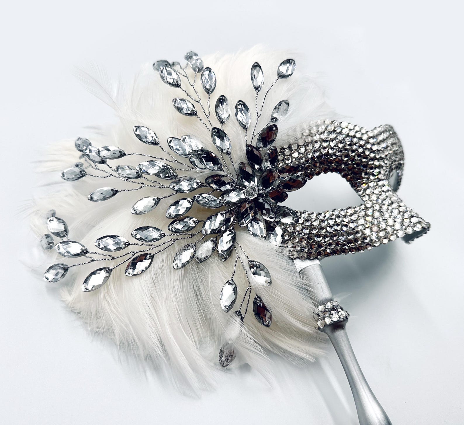 Winter's Whisper White Saddle Feather & Clear Glass Crystals Handled ...