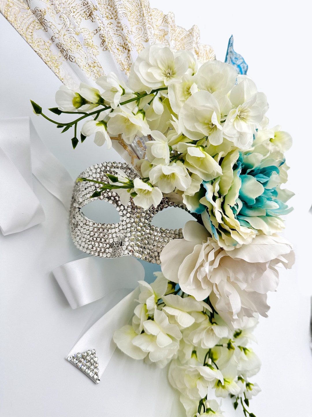 Springtime Fling Light Blue & Cream Floral Fan Rhinestoned Masquerade ...