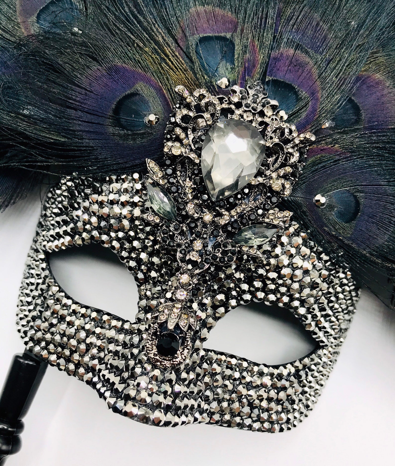Ethereal Starlight Black Handled Peacock Feather & Marcasite Rhinestone ...