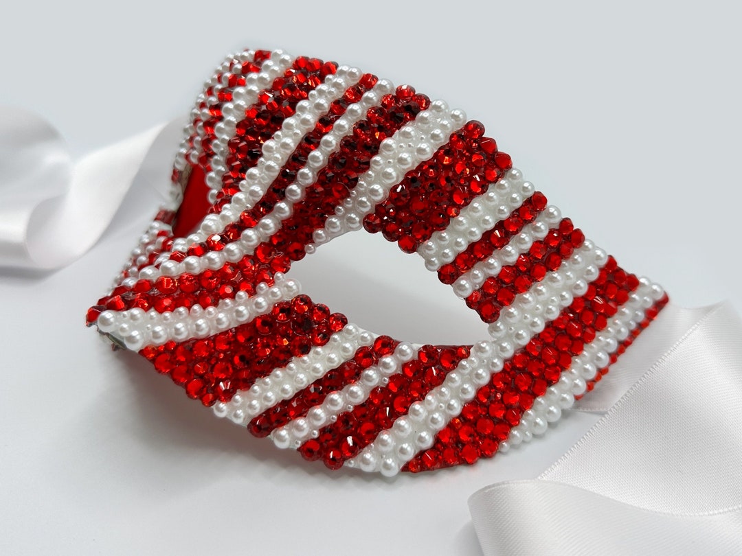 Candy Cane Red Swarovski & White Pearls Striped Masquerade Mask - Etsy