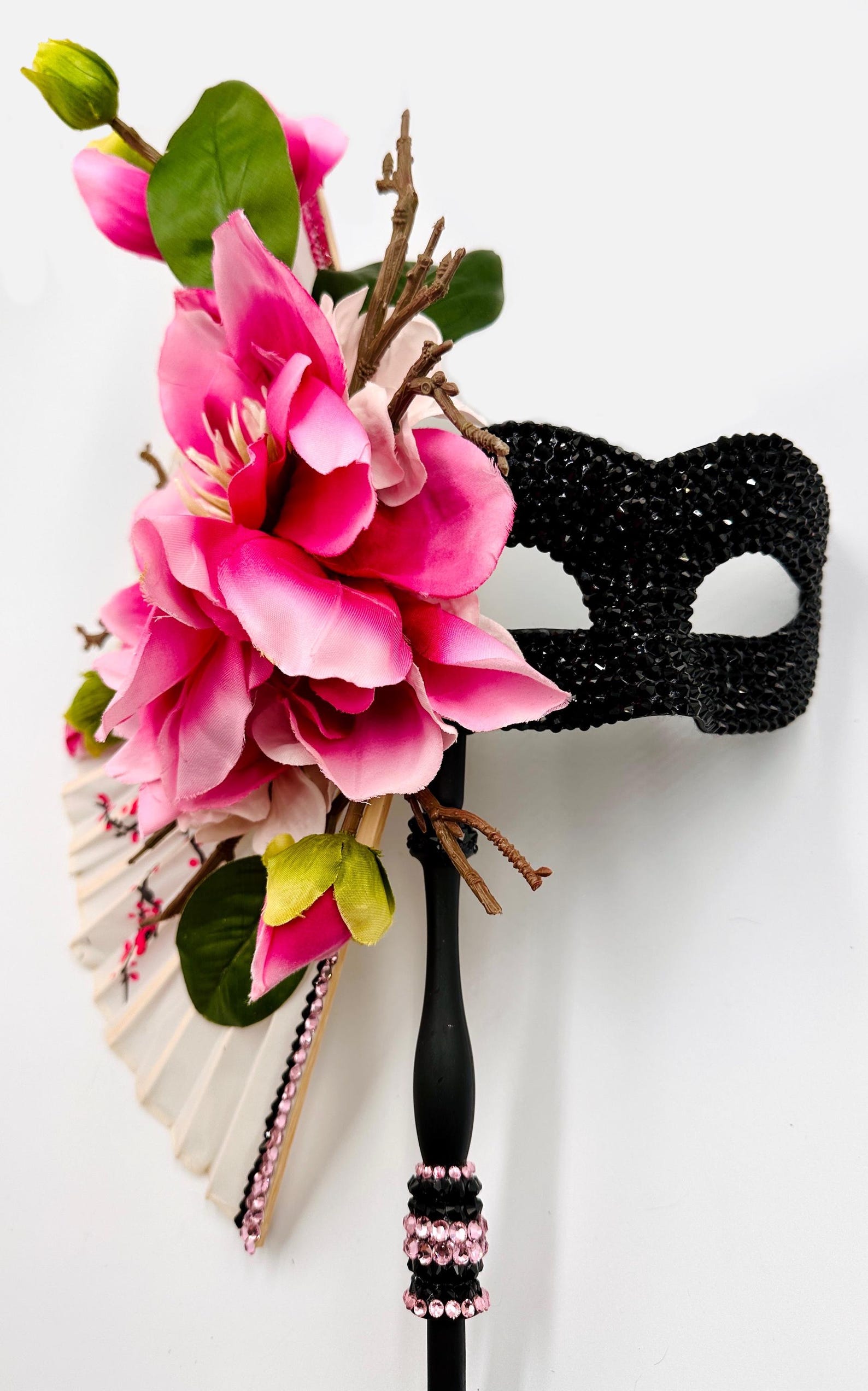 Sakura Hanami Cherry Blossoms & Black Swarovski Fan Handled Masquerade ...