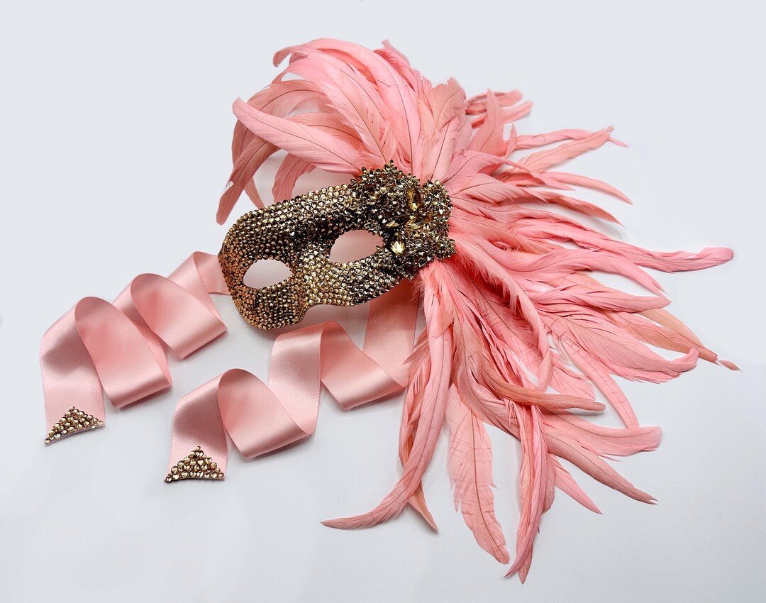 Peachy Keen Pink Rooster Feather & Gold Swarovski Crystals Masquerade ...